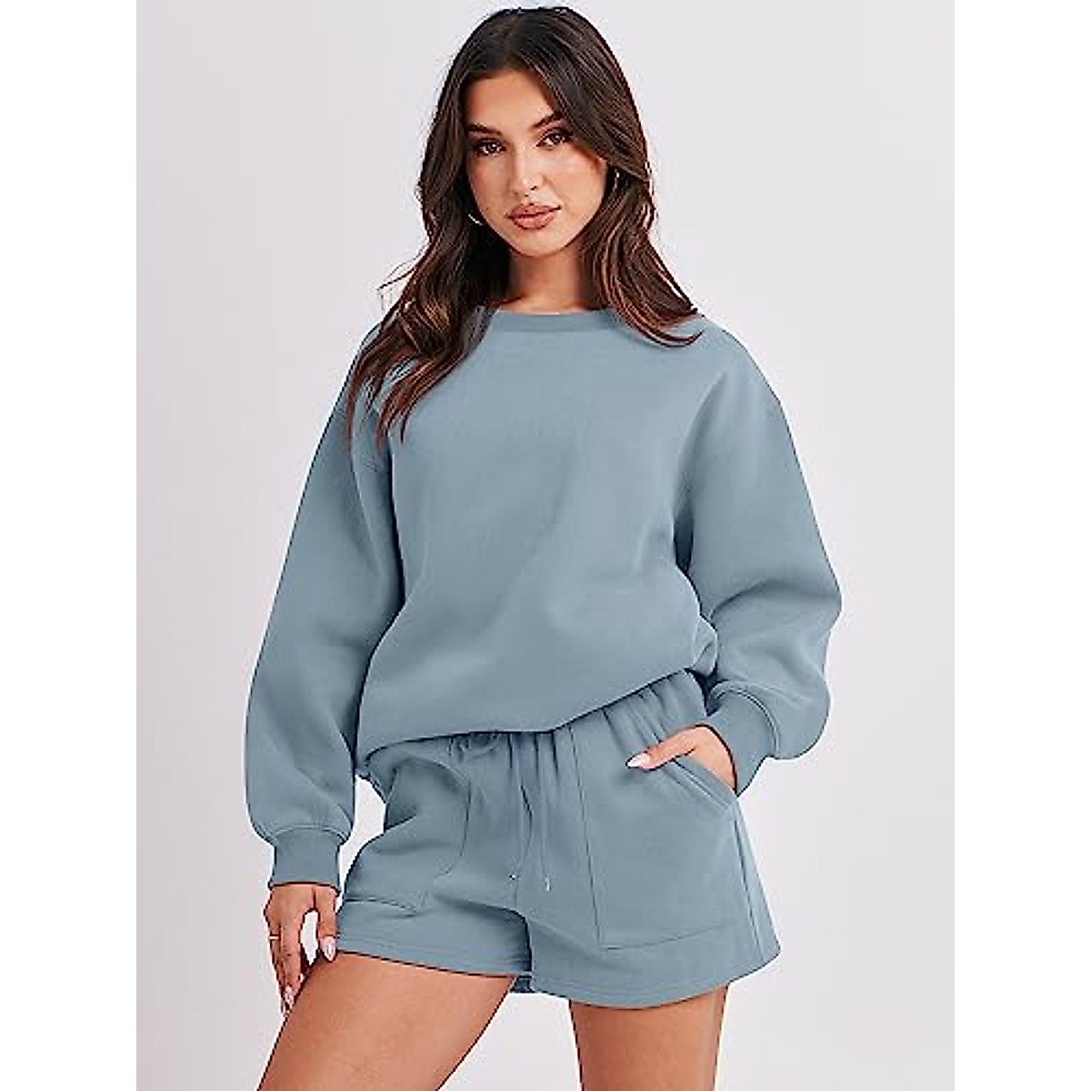 ANRABESS Women 2 Piece Lounge Set Fall Outfits Sweatsuit Fleece Oversized Crewneck Sweatshirt Loungewear Shorts 2023 Casual Cozy Pajamas Macthing Tracksuit Set 1047huilan-XL