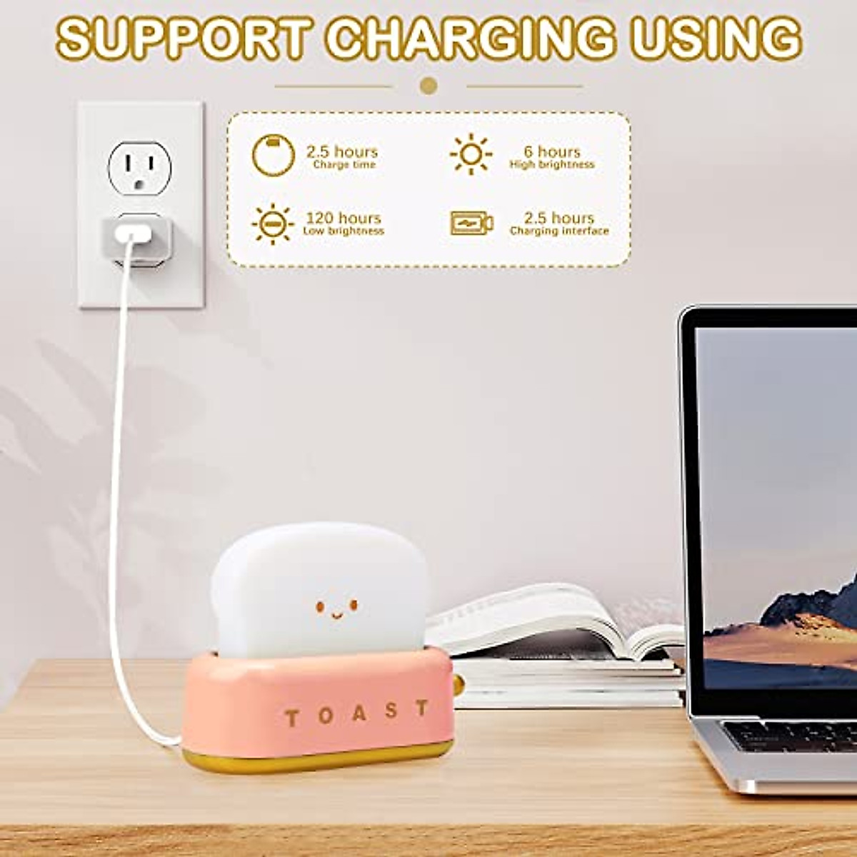 Decor Toaster Night Light Lamp Rechargeable Small Lamps with Smile Face Cute Toast Bread Shape Decor Night Lights for Kids Baby Nursery Pink