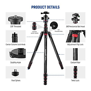 NEEWER Upgraded 80.7" Carbon Fiber Camera Tripod Monopod with Telescopic 2 Section Center Axes, 360° Panorama Ballhead, 1/4" Arca Type QR Plate, Travel Tripod with ø28mm Column, Max Load 26.5lb, N55CR