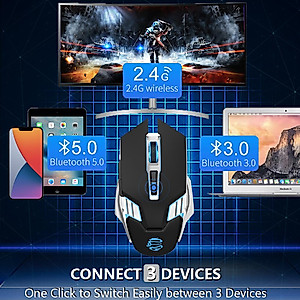 Wireless Gaming Mouse Bluetooth Mouse, RGB Rechargeable Multi Device Mouse, Quiet Click, 7-Color Backlit, LED Light up Computer Mice for Laptop PC iPad Tablet MacBook Chromebook Office Games - Black