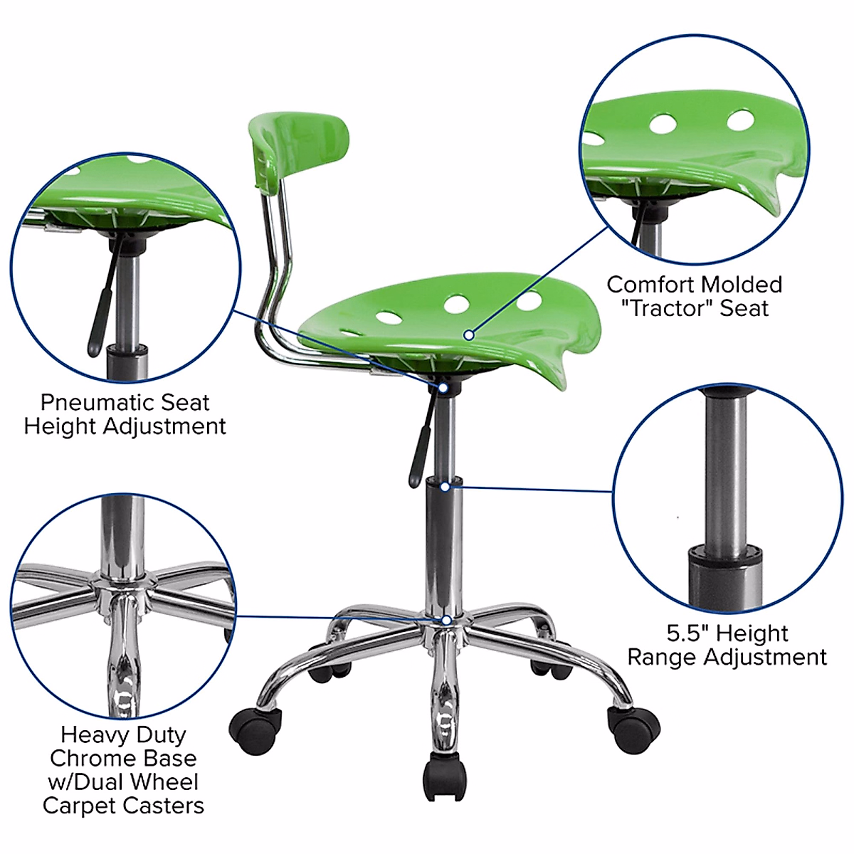 Flash Furniture Elliott Vibrant Apple Green and Chrome Swivel Task Office Chair with Tractor Seat