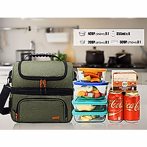 MIER Dual Compartment Lunch Bag Tote with Shoulder Strap for Men and Women Insulated Leakproof Cooler Bag, Army Green