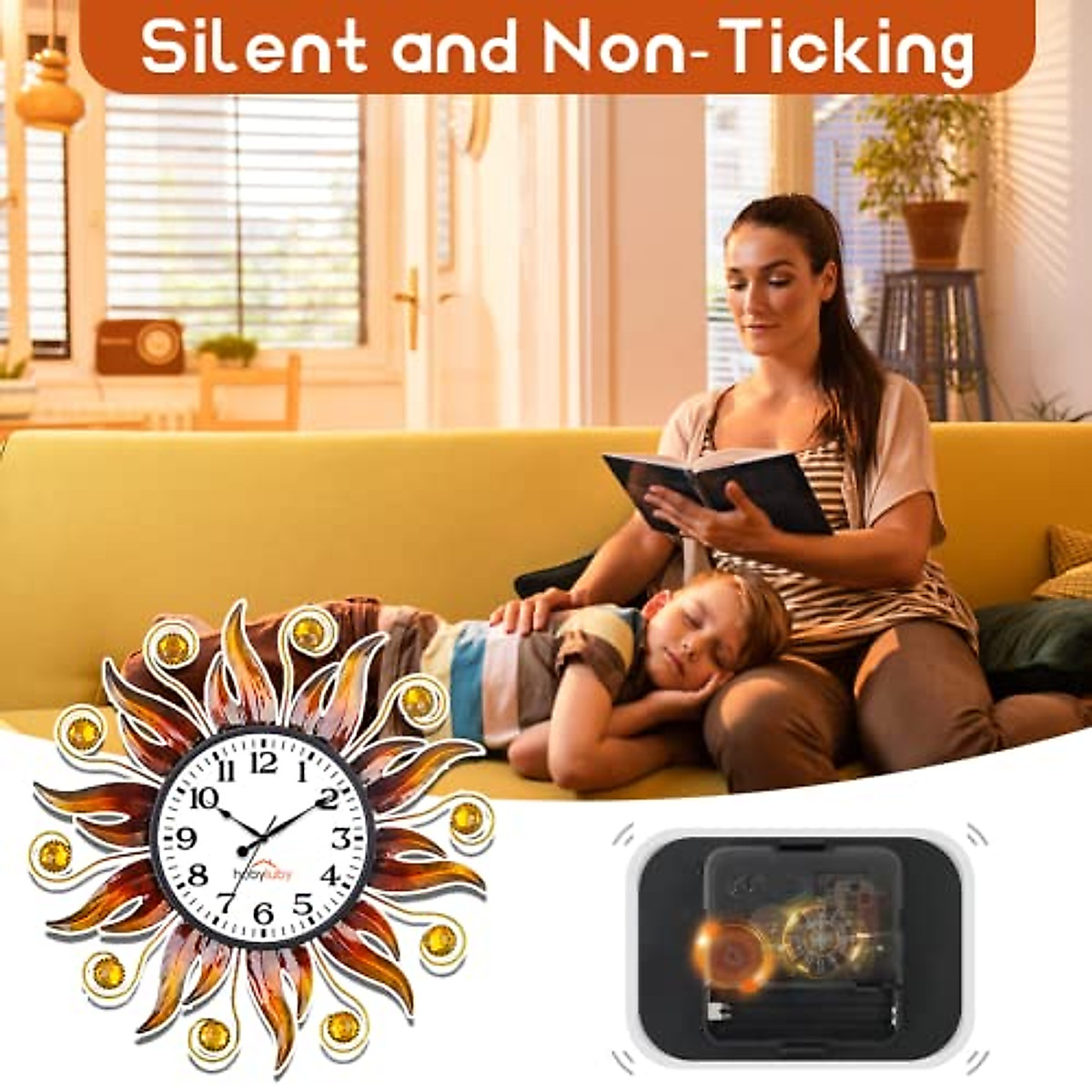 HOBYLUBY Indoor Outdoor Wall Clocks, 13" Sun Clock Silent Non-Ticking for Patio Home Decorations