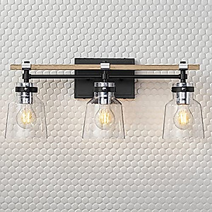 Possini Euro Design Broadway Modern Industrial Wall Light Black Painted Faux Wood Hardwired 23" 3-Light Fixture Clear Seedy Glass Shade for Bedroom Bedside Bathroom Vanity Living Room Hallway House