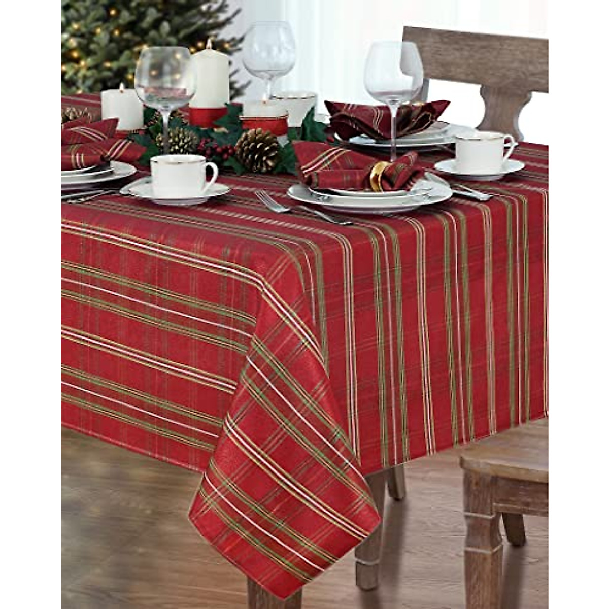 Newbridge Shimmering Plaid Metallic Christmas Fabric Tablecloth, Glitter Xmas Weave Holiday Cloth Tablecloth (8 Piece Napkin Set)