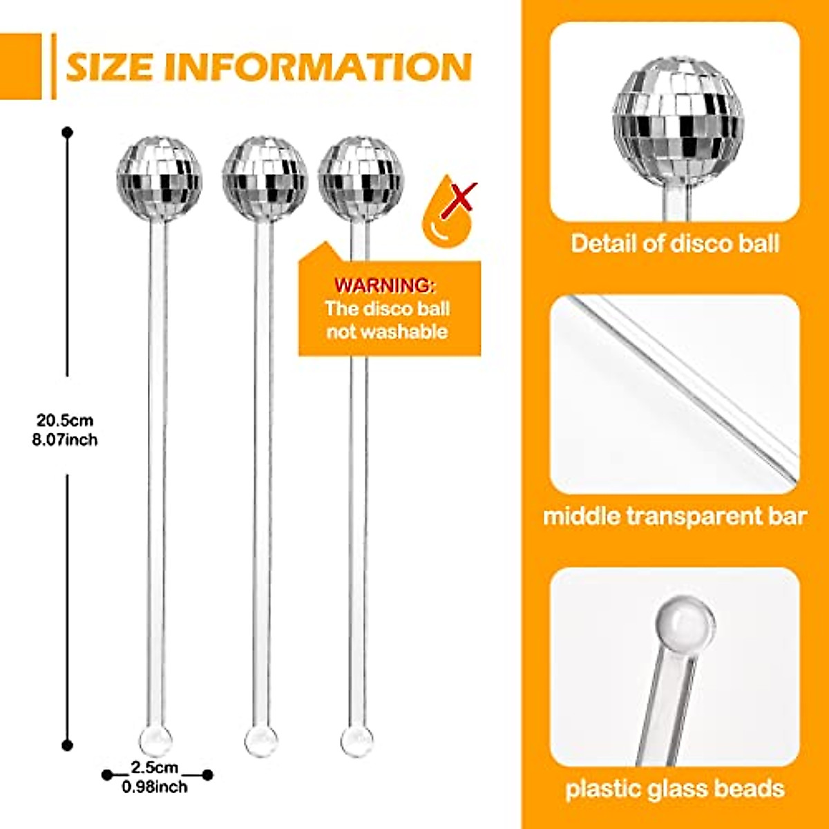 Sawysine 24 Pcs Disco Balls Cocktail Stirrers Plastic Round Top Swizzle Sticks Cake Pops Mirror Ball Coffee Beverage Stirrers for Home Bar Coffee Shop Use (Transparent)