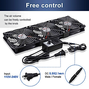Wathai Dual Ball 3 x 120mm Computer Fan with AC Plug DC 12V Big Airflow Fans with 110V 120V 220V 240V AC Speed Controller for DIY Cabinet Chassis Machine Server Workstation Cooling