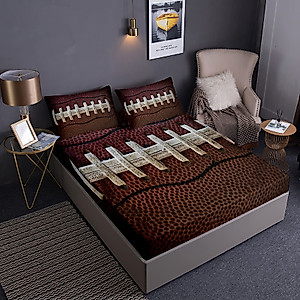 Tailor Shop Sports Football Fitted Sheet Set for Boys Kids Teens ，Brown Rugby Theme Sheet Set Twin Size with 1 Fitted Sheet 1 Pillow Sham………