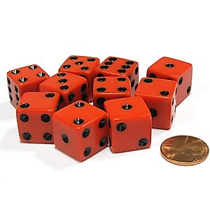 Set of 10 Six Sided Square Opaque 16mm D6 Dice -Red with Black Pip Die by Koplow Games