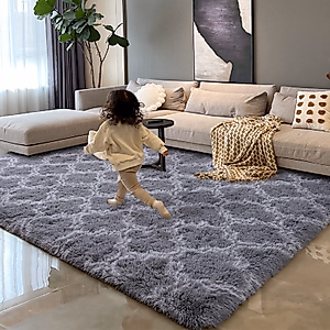 HOMORE 8x10 Large Area Rug for Living Room, Grey and White Bedroom Rug, Modern Big Fluffy Rugs Soft Furry Shaggy Faux Fur Rug for Farmhouse Decor, Aesthetic Rugs for Kids Home Indoor Floor