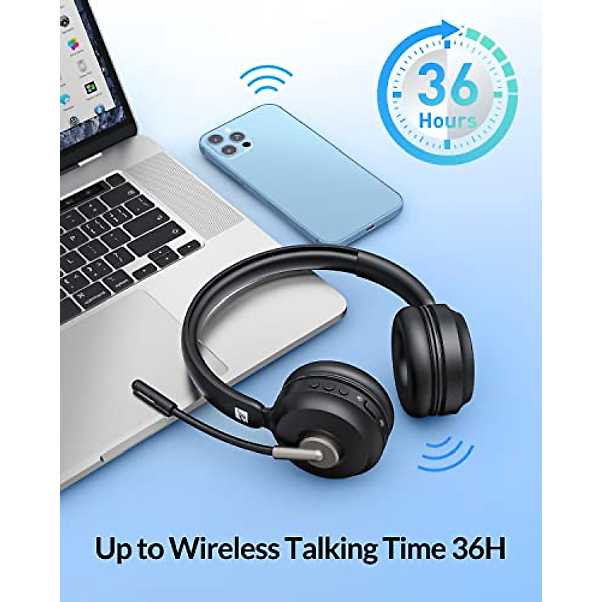 TZS Bluetooth Headphone for Computer, Wireless Headset with Noise Cancelling Mic for PC, 36H Lightweight On Ear Headphone with Mute Button, Suitable for Remote Working/Call Center/Online Class