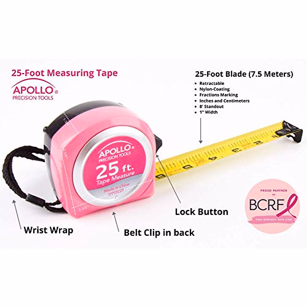 Apollo Tools Measuring Tape, 25 Foot Tape Measure with Retractable Blade, Fraction Markings, 1 Inch Nylon Blade, 8 Foot Standout, Lock Button and Belt Clip - Pink Ribbon - Pink - DT5002P