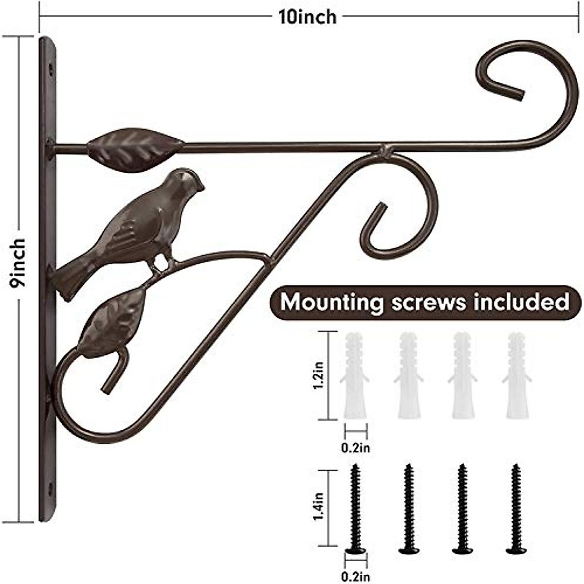 Amagabeli 2 Pack Hanging Plants Brackets 10" Wall Planter Hooks Hangers for Flower Baskets Pot Bird Feeder Wind Chimes Lanterns Patio Garden Outdoor Indoor Fence Metal 3D Bird Brown Bronze BG386