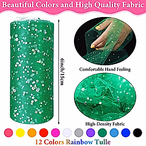12 Pcs Rainbow Glitter Tulle Rolls 6 Inch by 10 Yards 30 Feet Tulle Rolls Netting Fabric Shiny Sequin Tulle Ribbon Craft Fabric for Tutu Skirts Sewing Birthday Wedding Baby Shower Party Decoration