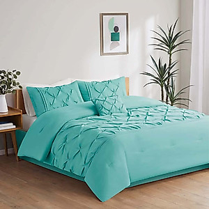 Comfort Spaces Cavoy Comforter Set - Luxe Diamond Tufting, All Season Bedding, Matching Bed Skirt, Decorative Pillows, Queen, Faux Silk Aqua 5 Piece