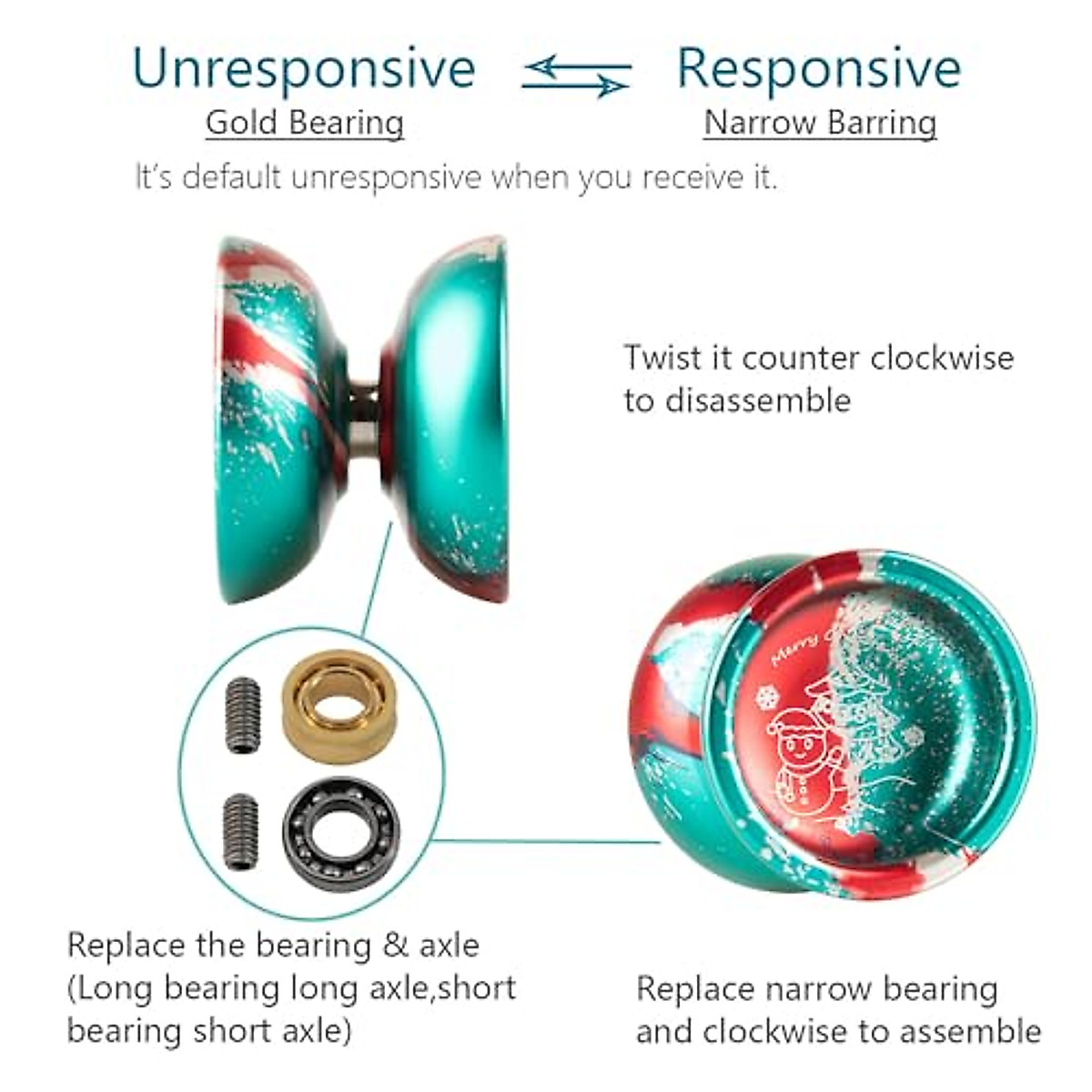 Professional Responsive Yoyo, Christmas Aluminum Yo Yo for Kids Beginner, Replacement Unresponsive Ball Bearing for Advanced Yoyo Players + 1 Glove + 5 Yoyo Strings (Christmas Red-Green)