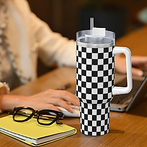 deaokluy 40 OZ Checkered Pattern Ice Bully Cup with Handle Straw Lid, Double Wall Stainless Steel Tumbler Travel Coffee Cup, Black White Insulation and Cooling Cup for Christmas Birthday Present