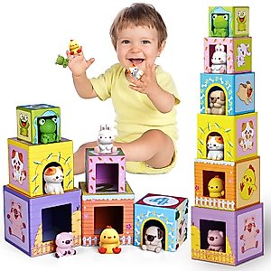 ShyLizard Toddler Farm Animal Sorting and Stacking Toys, Nesting Boxes and Blocks With Finger Puppets - Gifts for 1-3 Year Olds