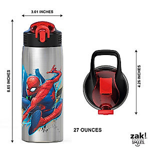Zak Designs 27oz Marvel 18/8 Single Wall Stainless Steel Water Bottle with Flip-up Straw and Locking Spout Cover, Durable Cup for Sports or Travel (27oz, Spider-Man)