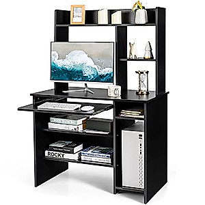 Tangkula Computer Desk with Hutch, Home Office Desk with Keyboard Tray & CPU Stand, Space Saving Study Writing Desk with Storage Bookshelves, Desk Workstation with Hutch for Bedroom, Black