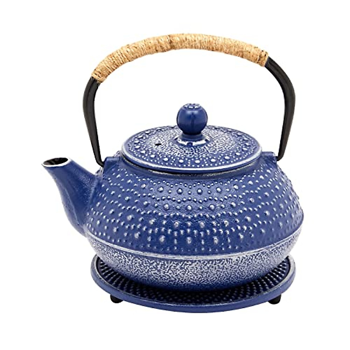 3 Piece Set Blue Japanese Cast Iron Teapot, Loose Leaf Tetsubin with Handle, Stainless Steel Infuser, and Trivet (27 oz, 800 ml)
