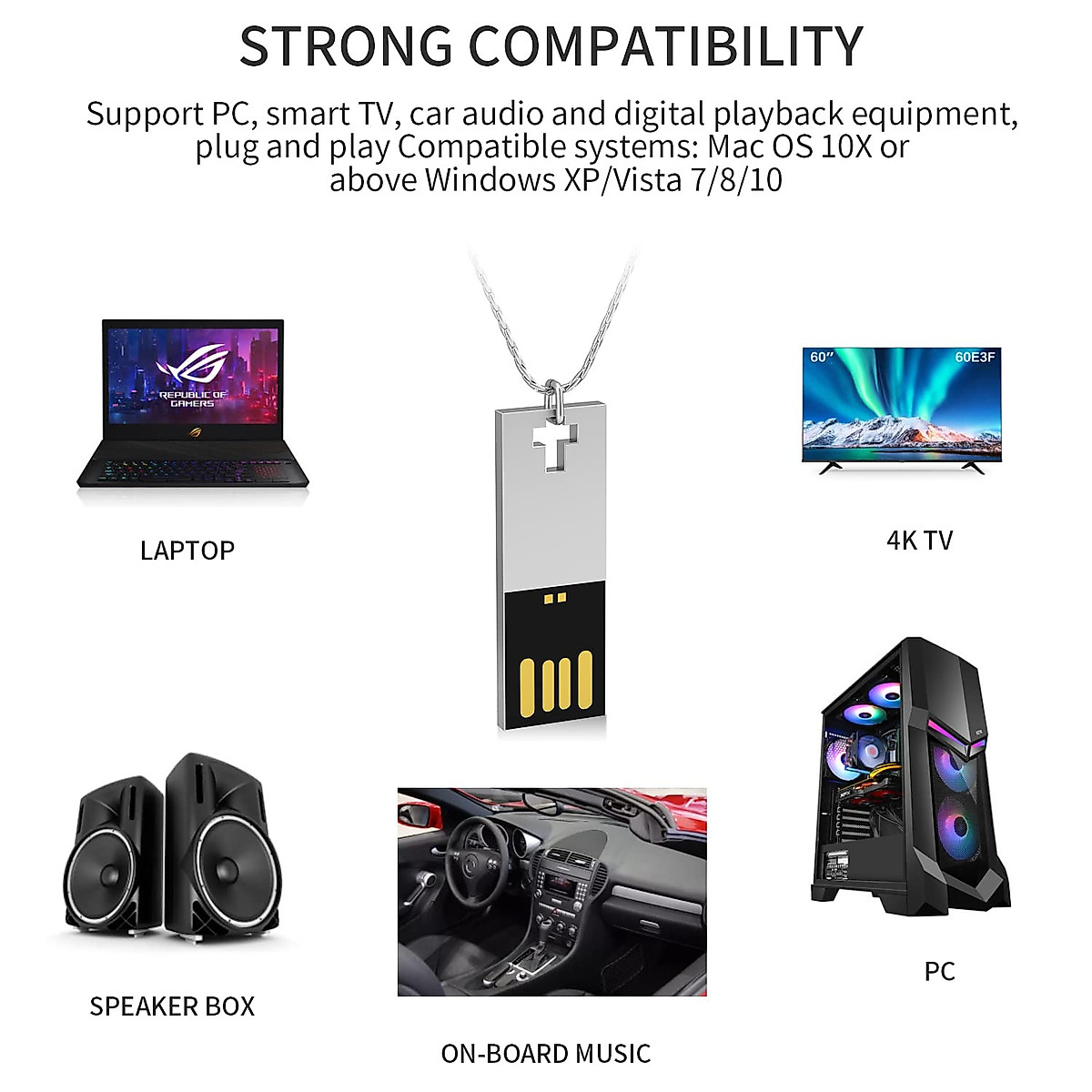 USB Flash Drive- Thumb Drive Memory Stick Pen Drive 32GB Necklace Metal Style Keychain Design (32gb, Silver)