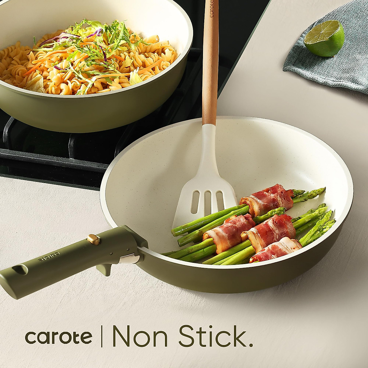 CAROTE 19pcs Pots and Pans Set, Nonstick Cookware Set Detachable Handle, Induction Kitchen Cookware Sets Non Stick with Removable Handle, RV Cookware Set, Gold and Green