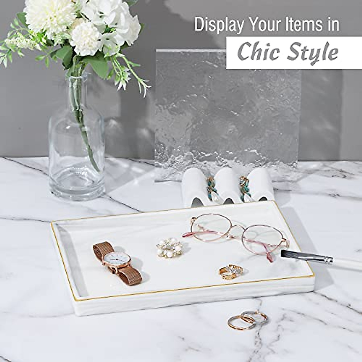 Shinowa Ceramic Vanity Tray, Bathroom Counter Tray Marble Finish Perfume Tray Rectangle Decorative Tray for Vanity Dresser Bathroom Countertop Living Room Kitchen, Large Size - Marble White