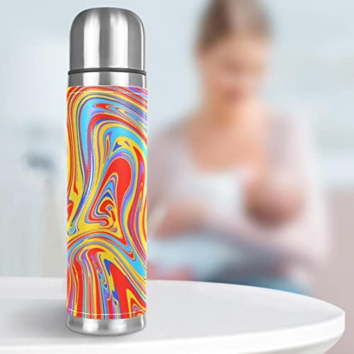 Stainless Steel Leather Vacuum Insulated Mug Marble Texture Thermos Water Bottle for Hot and Cold Drinks Kids Adults 16 Oz
