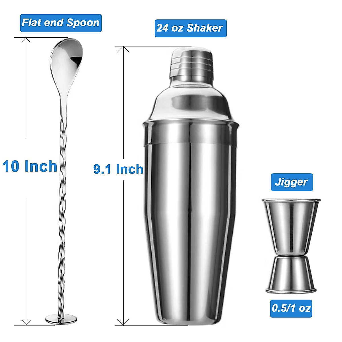 ZPUFAW 5-Piece Cocktail Shaker Set 24oz Shaker Strainer Jigger T-Mixing Spoon Pour Spout Bartender Kit Stainless Steel Bar Set Housewarming Gift