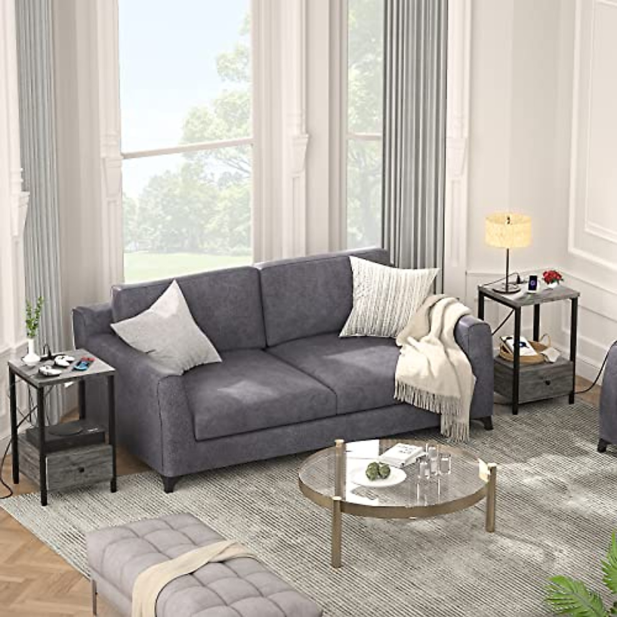 Ecoprsio Nightstands Set of 2 with Charging Station, Modern Night Stand Bedside Table with Storage Drawer and Shelf, End Side Table with USB Ports & Power Outlets for Bedroom Living Room, Grey Oak