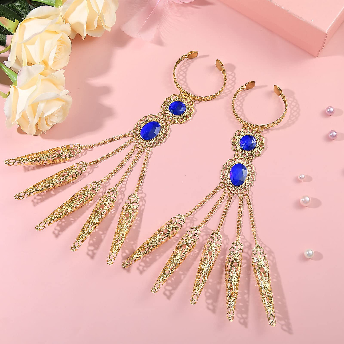 Maitys 2 Pcs Gold Bracelets Inlaid with Acrylic Women Belly Dance Gypsy Egyptian Bracelet with Finger Nails Halloween Costume (Sapphire)