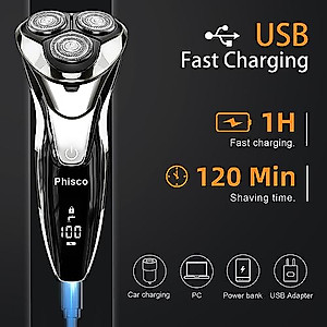 Phisco Electric Shaver Razor for Men Floating Rotary, IPX7, LED Display, Rechargeable, Dry/Wet, Pop-Up Beard Trimmer (Black)