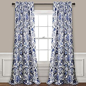 Lush Decor, Blue Cynthia Jacobean Darkening Window Curtains Set for Living, Dining Room, Bedroom, 108" L Panel Pair