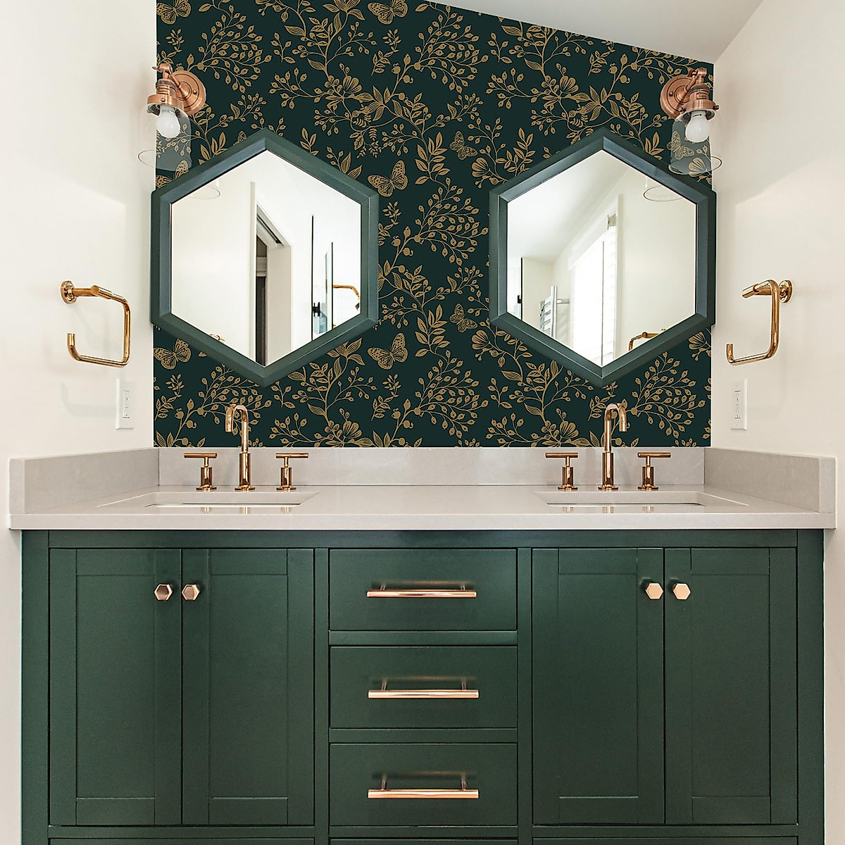 Wudnaye Green Vintage Floral Wallpaper Peel and Stick Wallpaper Dark Green and Gold Flower Leaf Butterfly Contact Paper 17.7" X 118.1" Removable Self Adhesive Boho Wallpaper for Bedroom Cabinets Decor