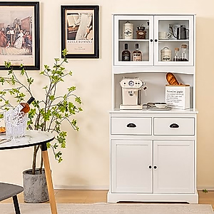 PETSITE Kitchen Hutch Storage Cabinet, Pantry Buffet Cabinet w/Tempered Glass Doors, Double Drawers, Adjustable Shelves & Anti-toppling Fitting, Tall Cupboard for Dining Room (White)