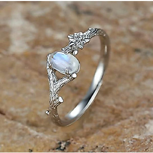 HUKQBUNX 925 Sterling Silver Natural Moonstone Ring Feminine Branch Flower Lady Shiny Wedding Engagement Ring Birthday Party Ring Size 6-10 (Size 8)
