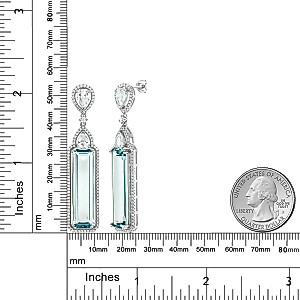 Gem Stone King 925 Sterling Silver Simulated Aquamarine Art Deco Dangle Earrings For Women (12.00 Cttw, 2 Inch)
