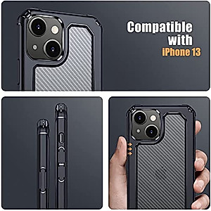 CASEDADDY [Military Protective Designed for iPhone 13 Case 6.1 inch, Shockproof Black Heavy Duty Rugged Phone Case Cover for Men & Boys with Translucent Anti-Scratch Carbon Fiber Back- Black