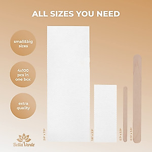 Bella Verde Wooden Wax Applicator Sticks and Non-Woven White Wax Strips - Wooden Waxing Spatulas - Large - 400 count - Hair removal - For Men - Women - Brazilian Eyebrow Home Body Waxing - Prime