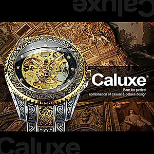 Caluxe Men’s Watch Carving Gold Black Automatic Mechanical Watch for Men Skeleton New Launched Luxury Engraving Golden Wrist Watch