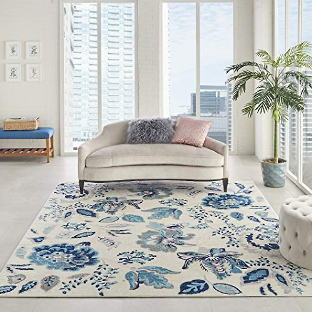 Nourison Tranquil Floral Ivory/Light Blue 8' x 10' Area -Rug, Easy -Cleaning, Non Shedding, Bed Room, Living Room, Dining Room, Kitchen (8x10)