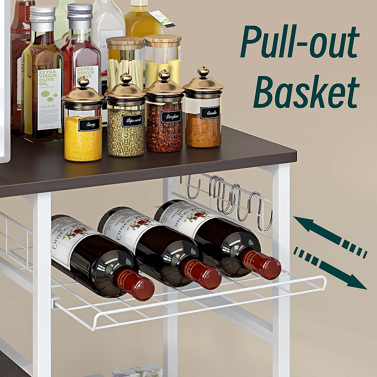 Wellynap Bakers Rack, 3-Tier Microwave Stand for Kitchens with Storage, Utility Storage Shelf with 5 Hooks and Basket for Spice Rack, White Oak