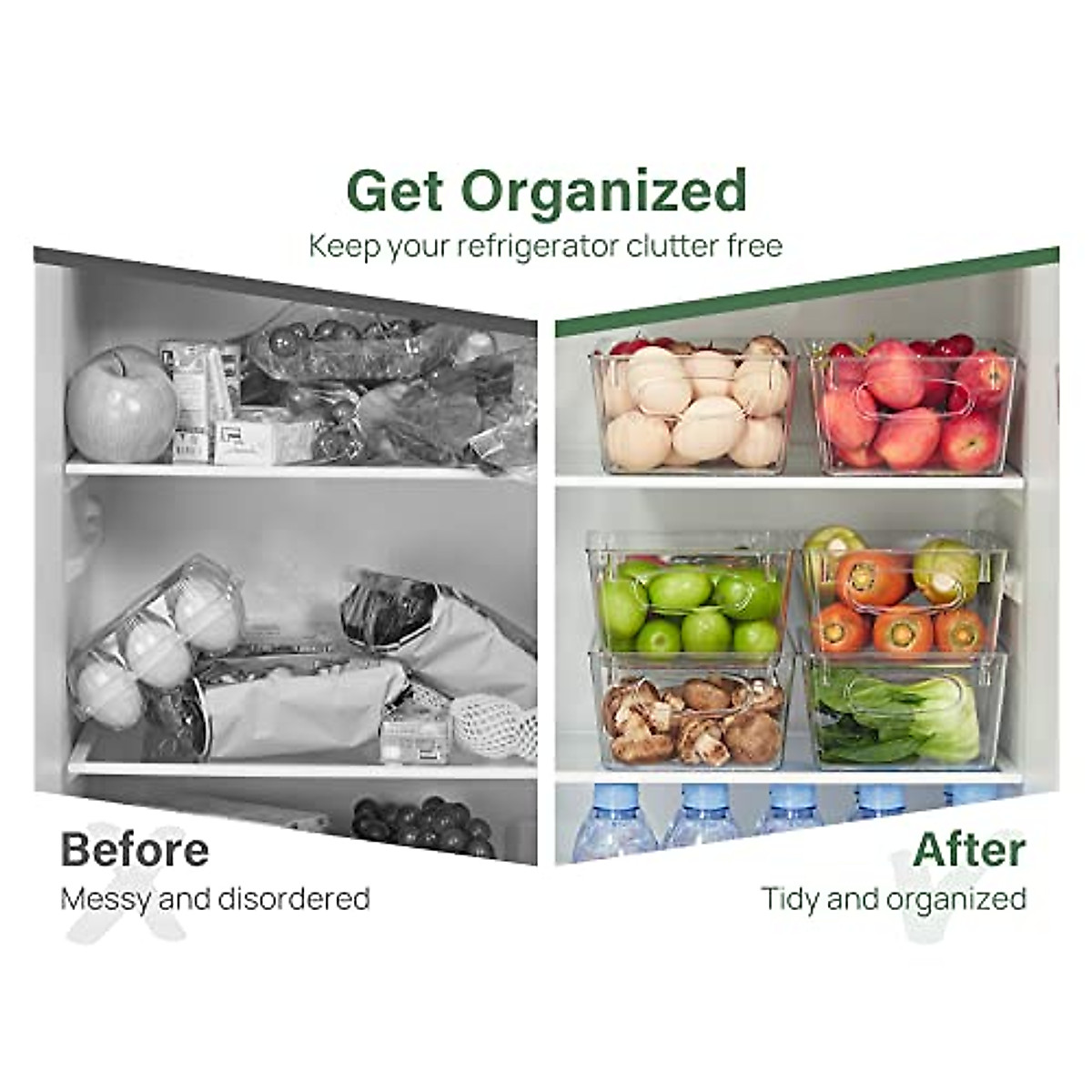 Kootek 4 Pack Clear Pantry Organization and Storage Bins, Freezer Organizer Bins Stackable Food Storage Organizer Bins with Handles Removable Dividers for Kitchen, Refrigerator, Cabinet