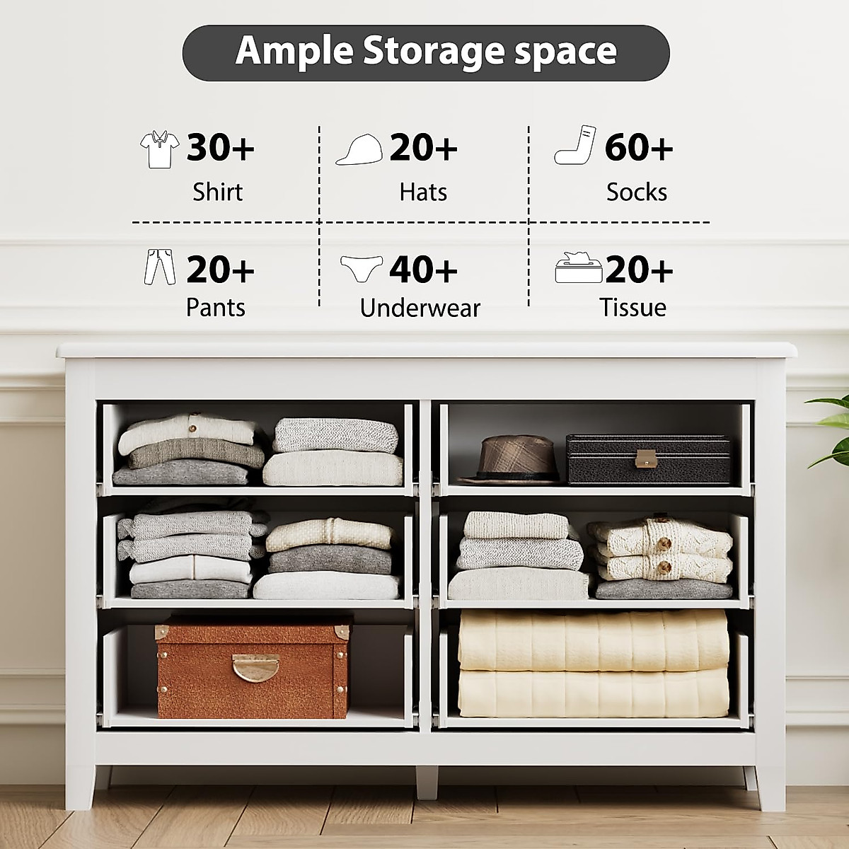 HOUROM White Dresser, Modern Farmhouse 6 Drawer Double Dresser for Bedroom Adults & Kids with Vintage Gold Pulls, Wide Dressers & Chests of Drawers, 6 Drawer Dressers for Hallway, Antique White