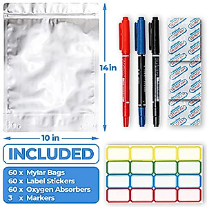 60 Packs 1 Gallon Mylar Bags 7.5 Mil for Food Storage with 400cc Oxygen Absorbers - Stand Up Long Term Food Storage Mylar Bags - Resealable Bags For Food - Gallon Mylar Bags - Large Mylar Ziplock Bags