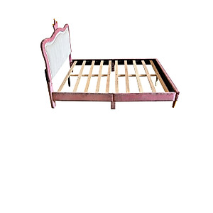 DNYN Full Size Upholstered Platfrom Bed for Kids,Princess Bedframe with Crown Headboard & LED Design,for Girls Bedroom,No Box Spring Needed & Easy Assembly, Pink