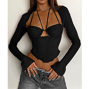 SOFIA'S CHOICE Women's Mesh Long Sleeve Crop Top Sexy Tie Back Asymmetrical Halter Cami