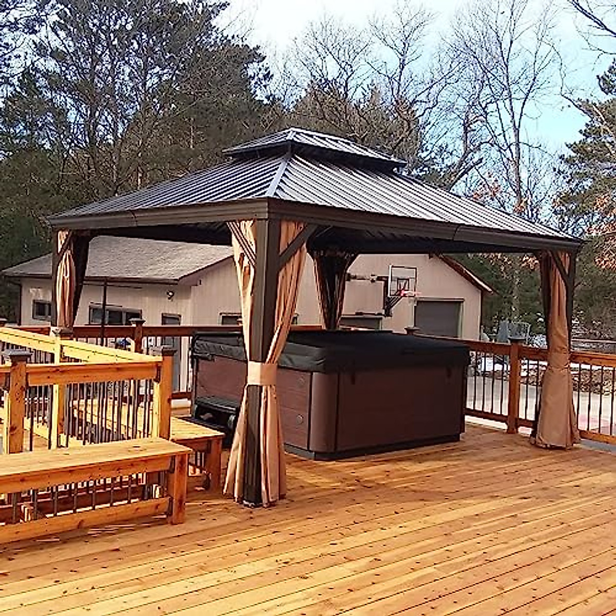 PURPLE LEAF 12' X 14' Outdoor Hardtop Gazebo Permanent Outside Heavy Duty Sun Shade Deck Canopy for Patio All Weather Aluminum Metal Roof Backyard Pavilion with Netting and Curtains