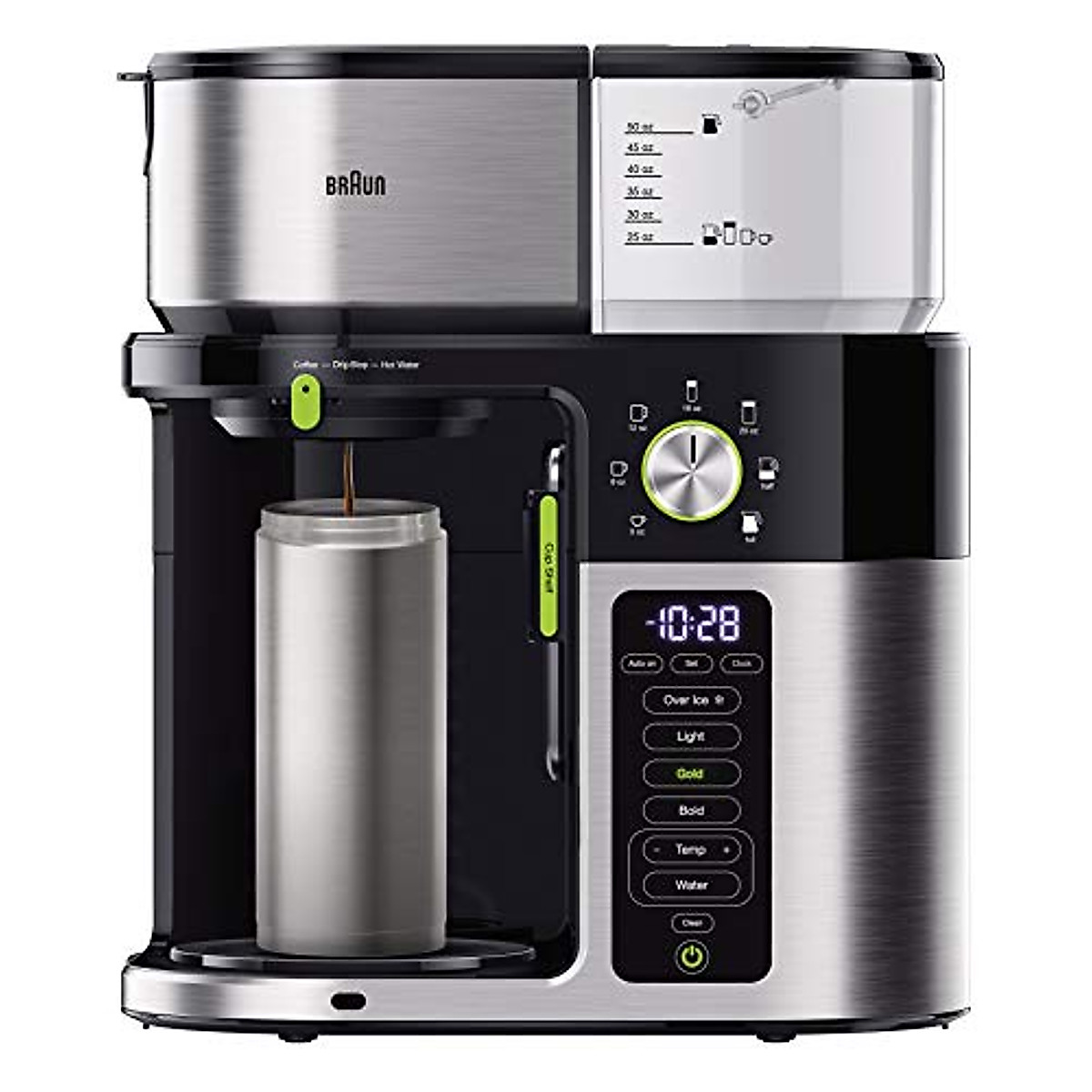 Braun MultiServe Coffee Machine 7 Programmable Brew Sizes / 3 Strengths + Iced Coffee & Hot Water for Tea, Glass Carafe (10-Cup), Stainless/Black, KF9150BK